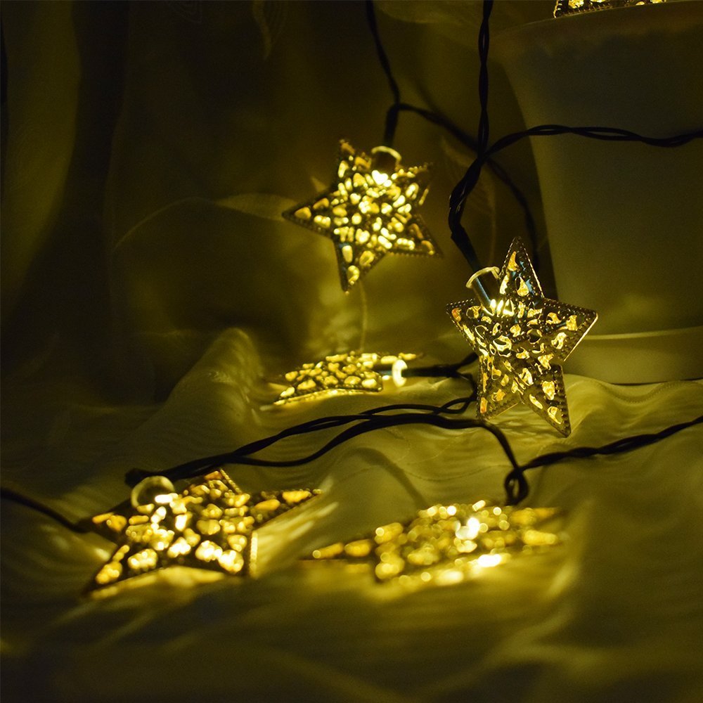 Hann Solar LED Star String Lights 12ft 20LED Decoration Light for Garden, Yard, Home, Landscape Festival Halloween Christmas Party Wedding Tree (20 LEDs Stars Warm White)