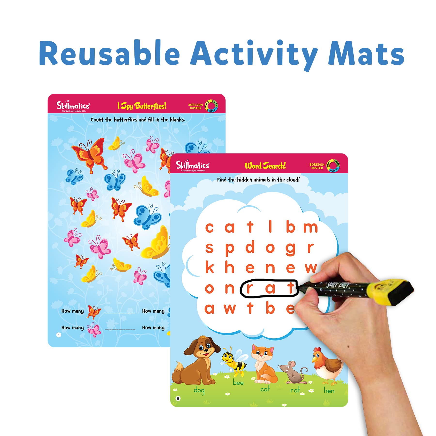 Skillmatics Educational Game - Boredom Buster, Reusable Activity Mats with Dry-Erase Marker, Gifts, Travel Toy for Kids Ages 3, 4, 5, 6