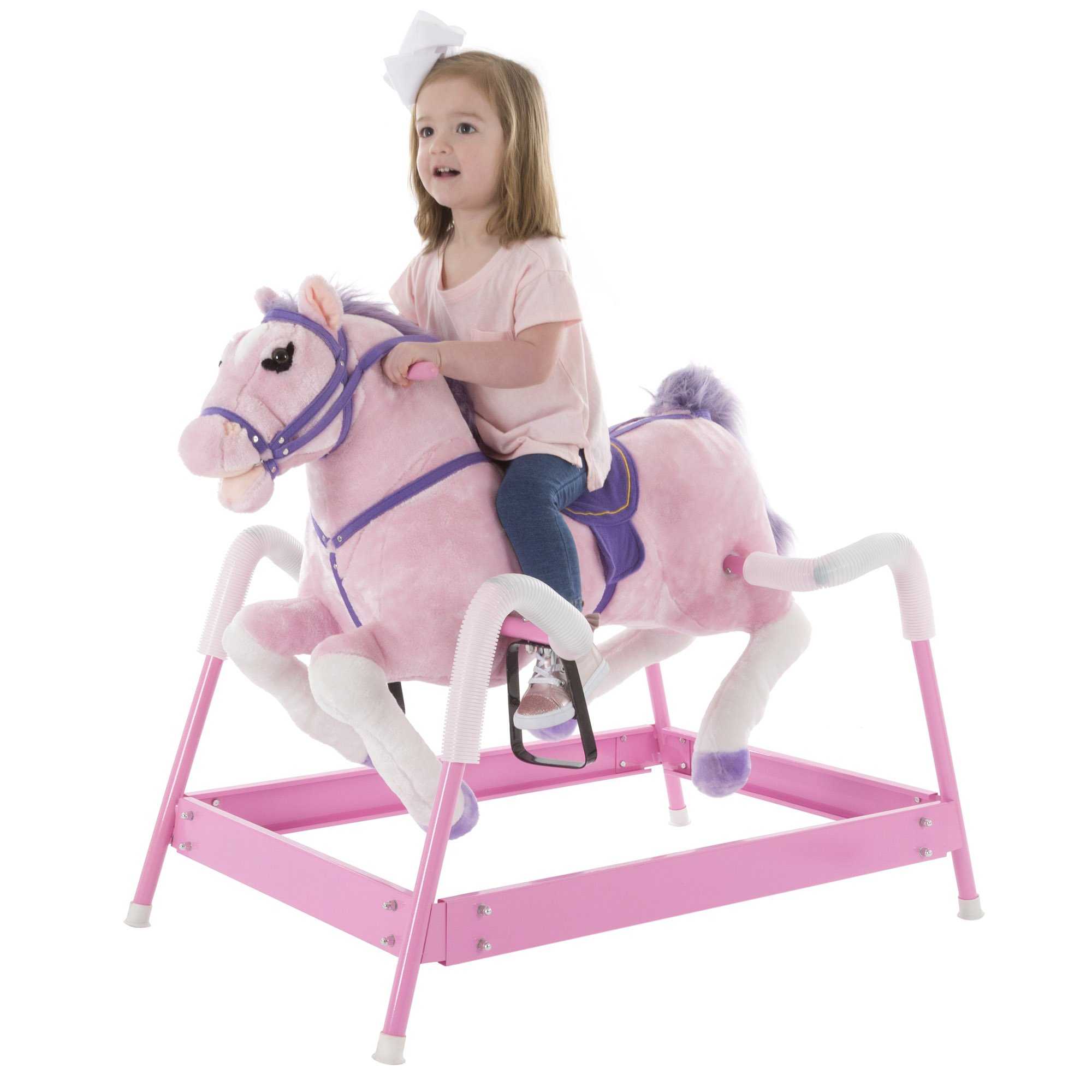 Spring Rocking Horse Plush Ride on Toy with Adjustable Foot Stirrups and Sounds for Toddlers to 5 Years Old by Happy Trails - Pink, Large