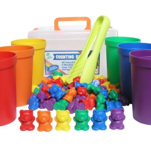 legato counting/sorting bears; 60 rainbow colored bears, 6 stacking cups, kids tweezers, storage container, and activity ebook. quality educational toy, good for stem and montessori programs.