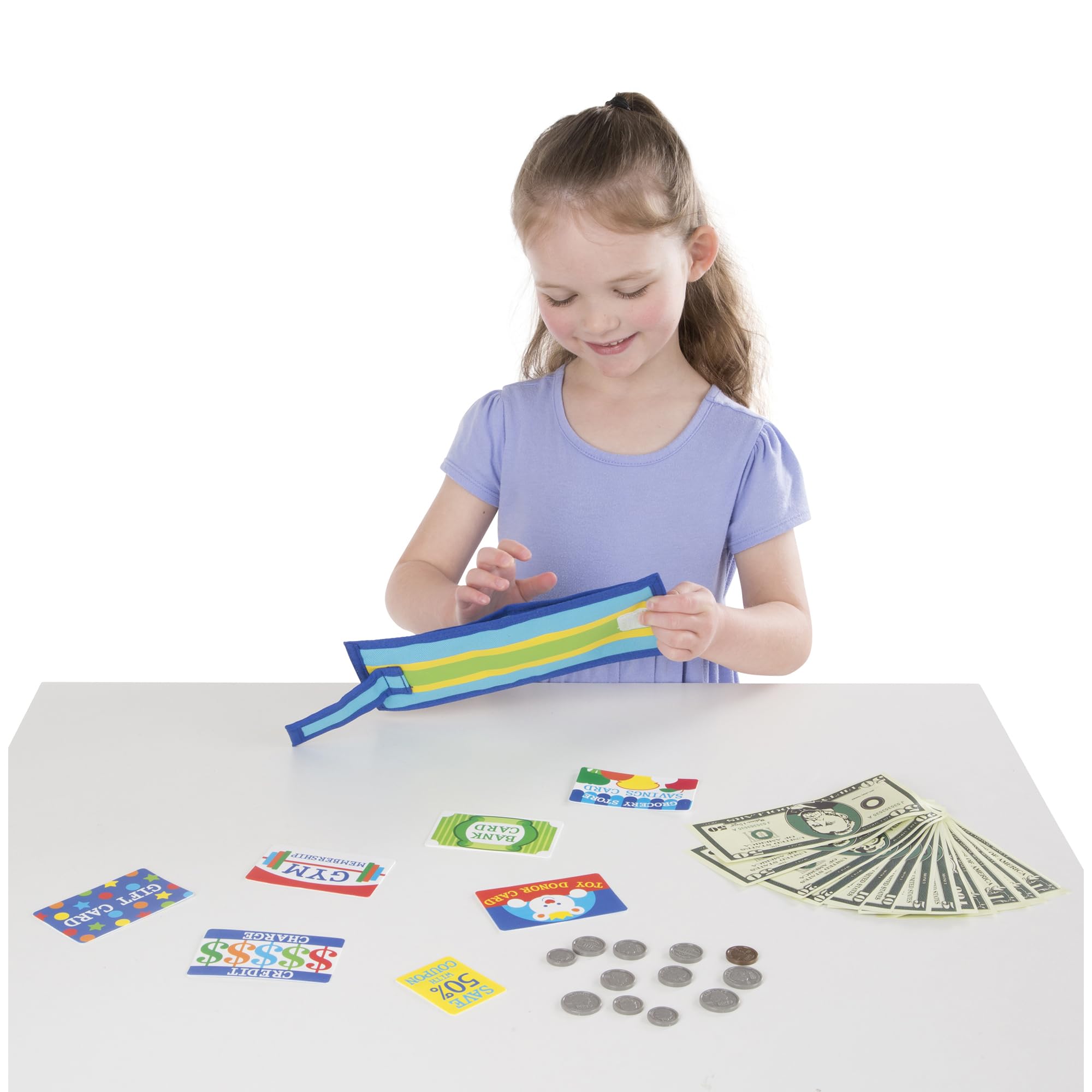 Melissa & Doug Pretend-to-Spend Toy Wallet With Play Money and Cards (45 pcs), Blue - FSC Certified