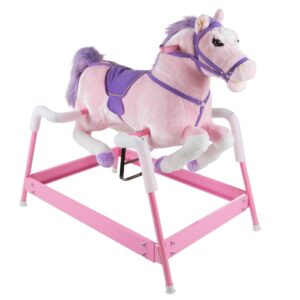 spring rocking horse plush ride on toy with adjustable foot stirrups and sounds for toddlers to 5 years old by happy trails - pink, large