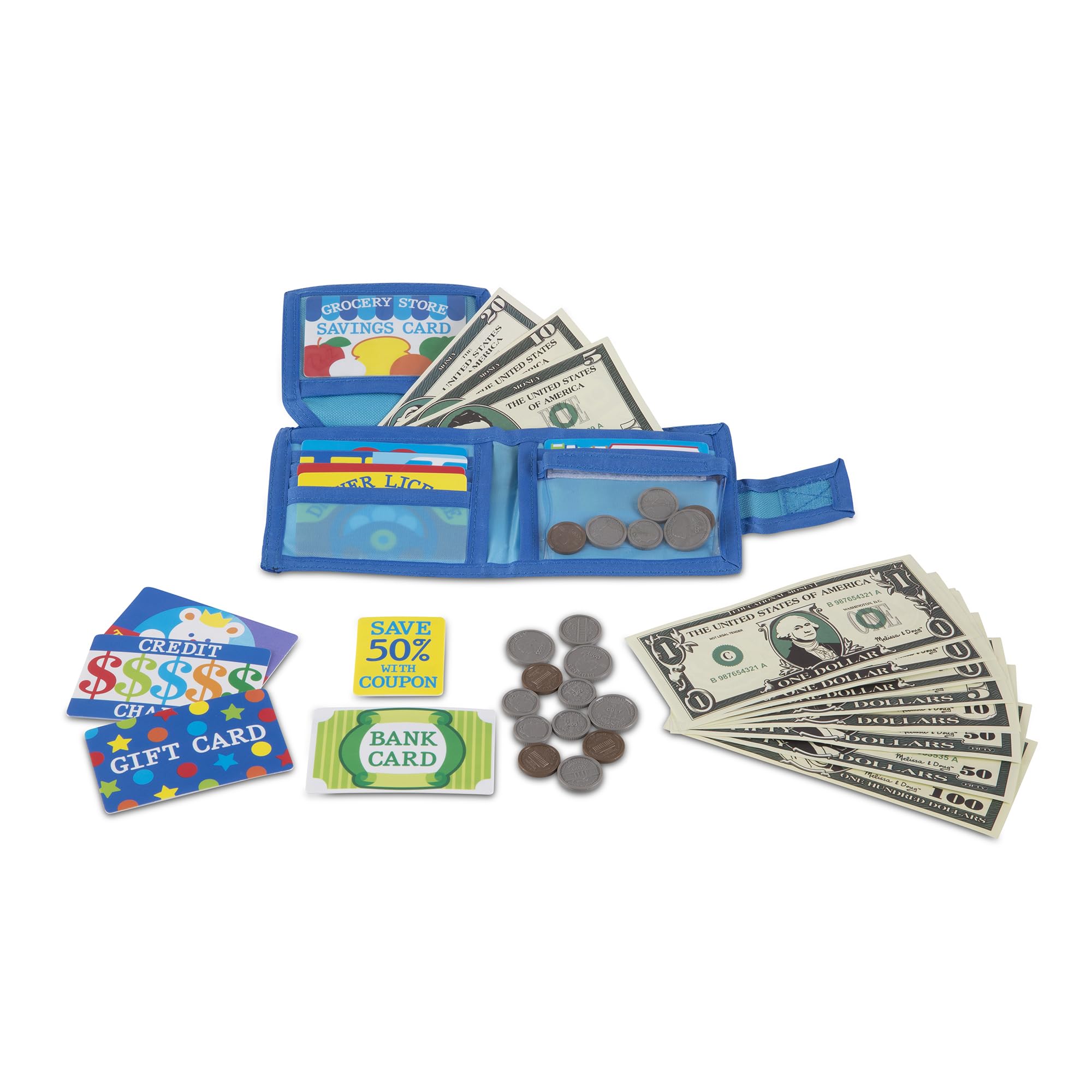 Melissa & Doug Pretend-to-Spend Toy Wallet With Play Money and Cards (45 pcs), Blue - FSC Certified