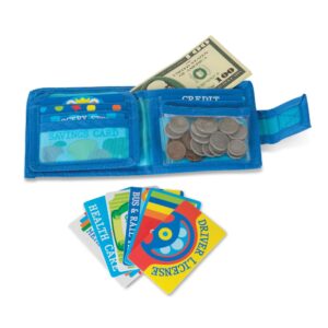 melissa & doug pretend-to-spend toy wallet with play money and cards (45 pcs), blue - fsc certified