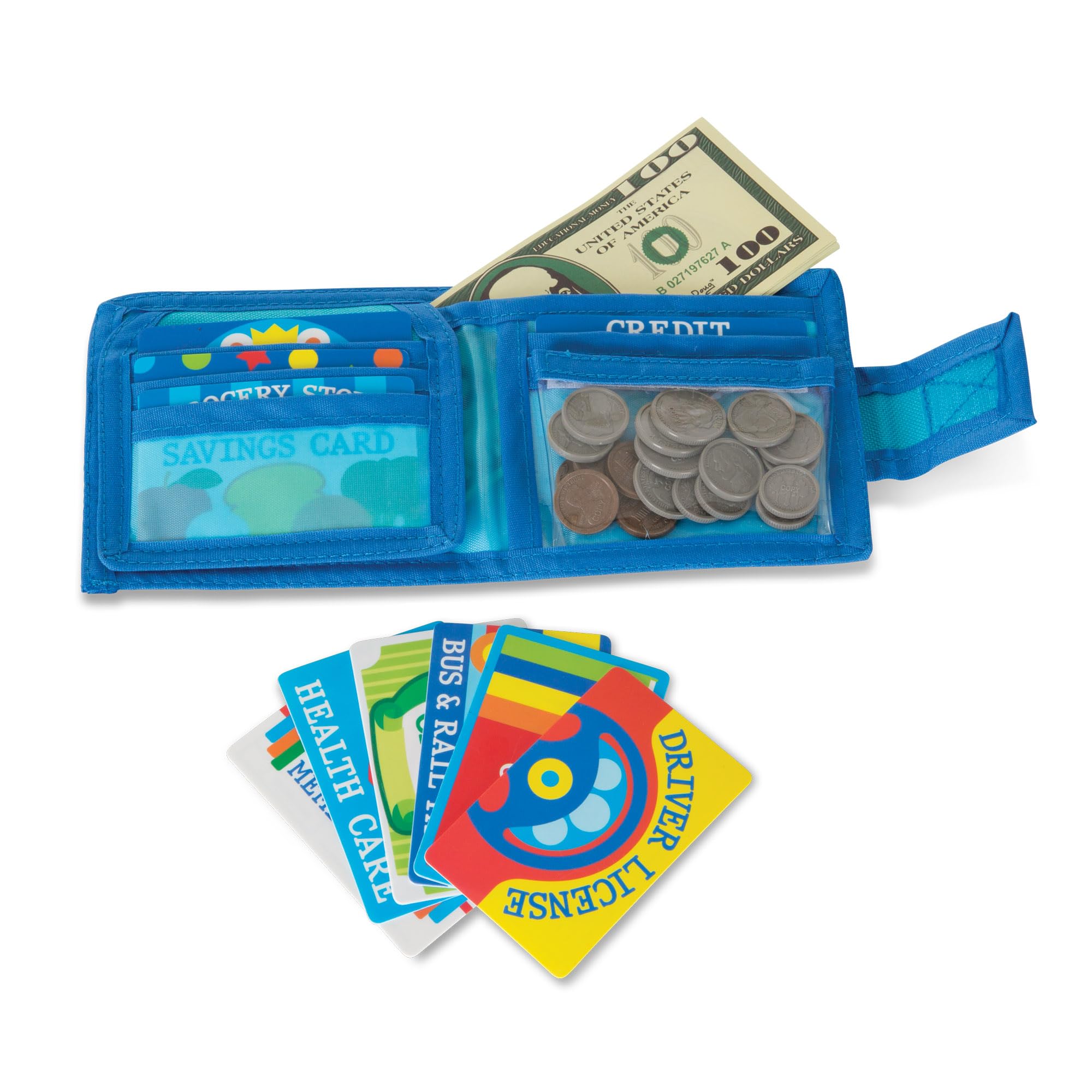 Melissa & Doug Pretend-to-Spend Toy Wallet With Play Money and Cards (45 pcs), Blue - FSC Certified