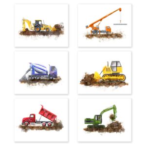 construction nursery set of 6 prints, boy room decor: crane, cement mixer, bulldozer, backhoe, excavator, dump truck - selection of alternate vehicles and sizes available