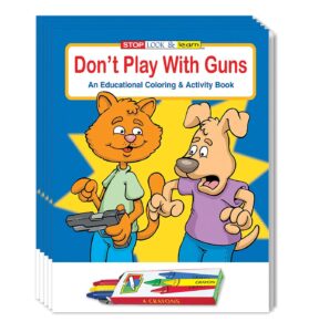 zoco - gun safety - educational coloring books (25 bulk pack, with crayons) - don't play with guns - firearms safety - police handout - games, puzzles, activities for kids