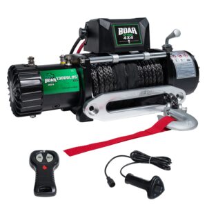 off road boar 13000 lb winch, electric winch 12v with synthetic rope, roller fairlead, waterproof ip67 atv utv jeep winches with wireless remote and wired control