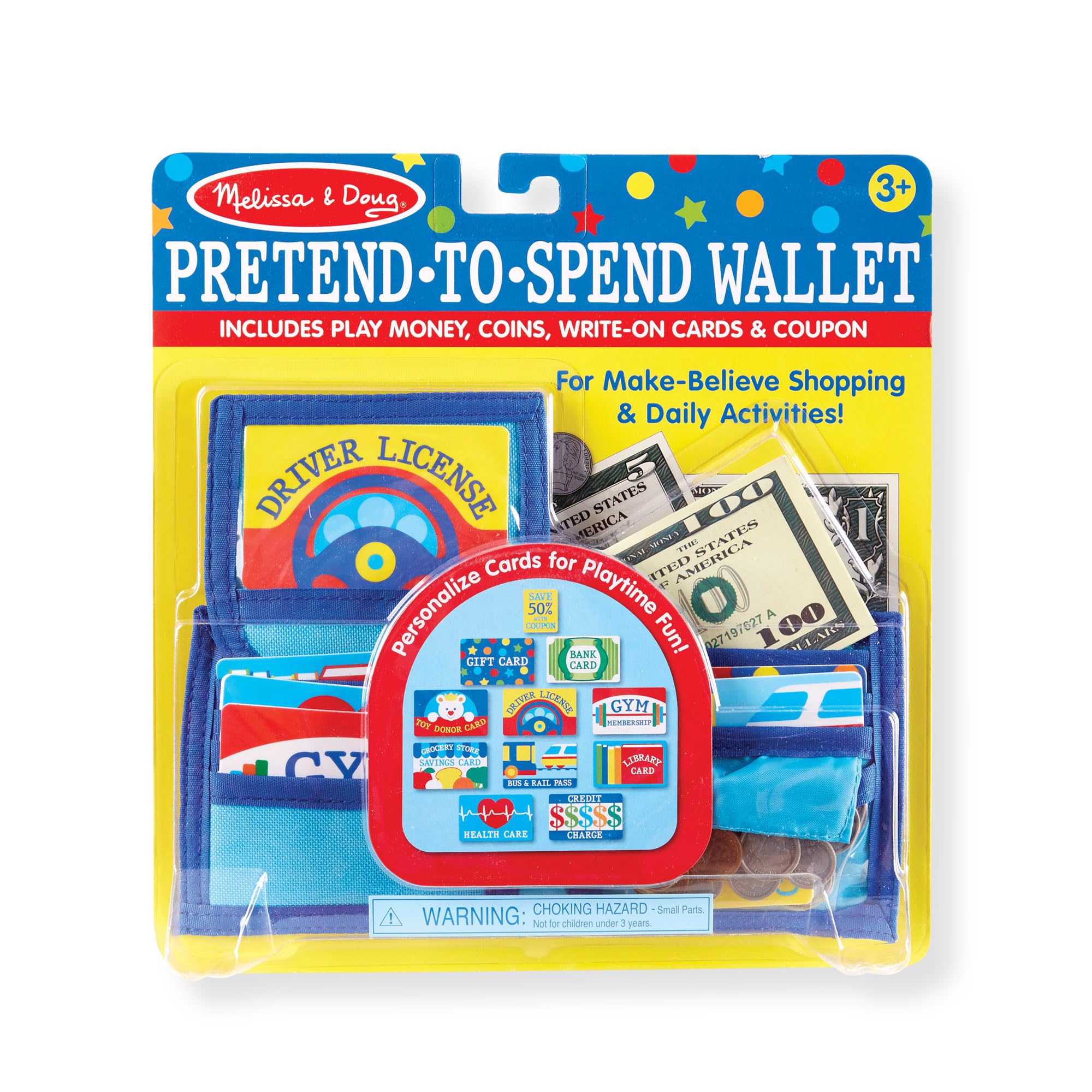 Melissa & Doug Pretend-to-Spend Toy Wallet With Play Money and Cards (45 pcs), Blue - FSC Certified