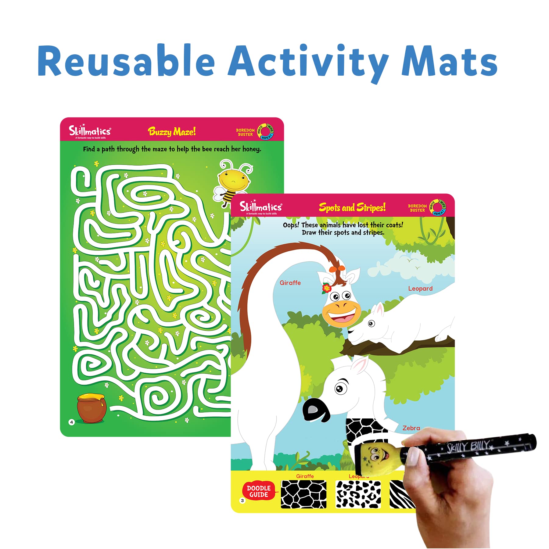 Skillmatics Educational Game - Boredom Buster, Reusable Activity Mats with Dry-Erase Marker, Gifts, Travel Toy for Kids Ages 3, 4, 5, 6