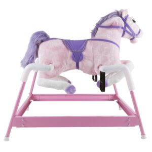 Spring Rocking Horse Plush Ride on Toy with Adjustable Foot Stirrups and Sounds for Toddlers to 5 Years Old by Happy Trails - Pink, Large