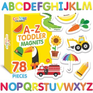 curious columbus magnetic objects and letters. set of 78 foam magnets including 52 pictures and 26 uppercase alphabet magnets from a-z. best educational toy for preschool learning