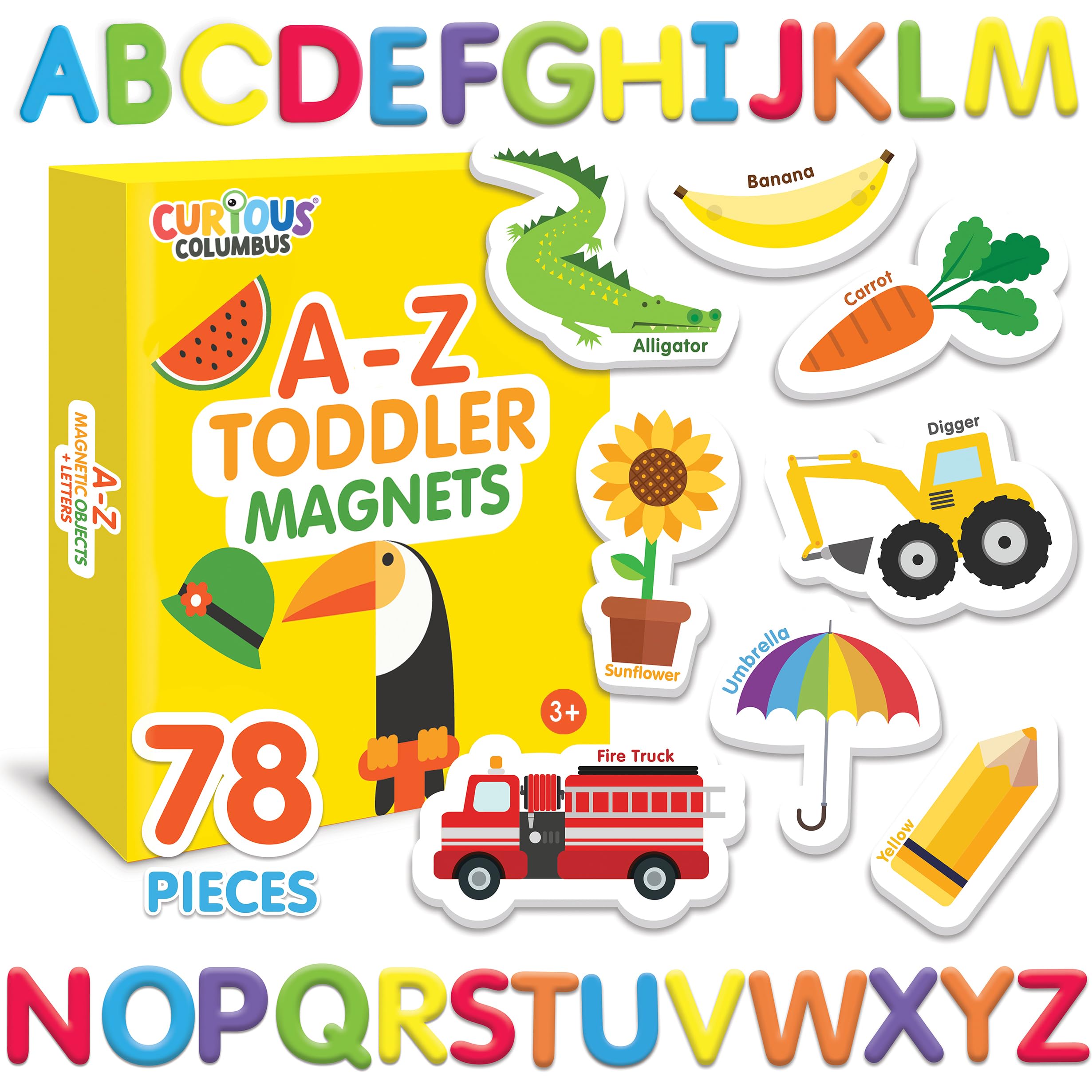 Curious Columbus Magnetic Objects and Letters. Set of 78 Foam Magnets Including 52 Pictures and 26 Uppercase Alphabet Magnets from A-Z. Best Educational Toy for Preschool Learning