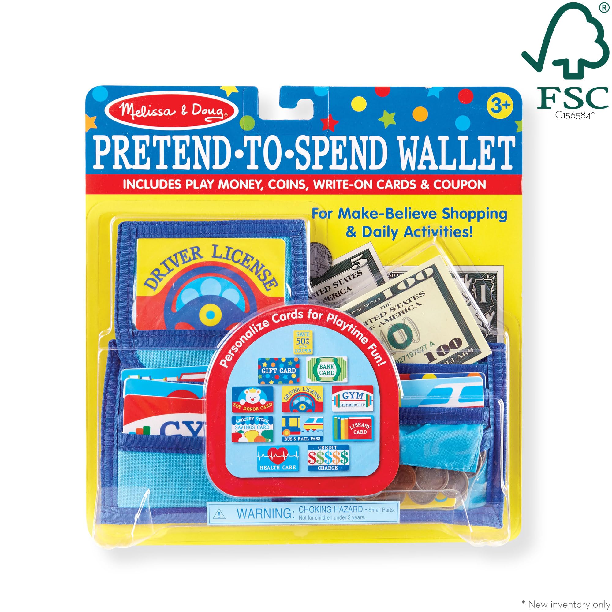 Melissa & Doug Pretend-to-Spend Toy Wallet With Play Money and Cards (45 pcs), Blue - FSC Certified