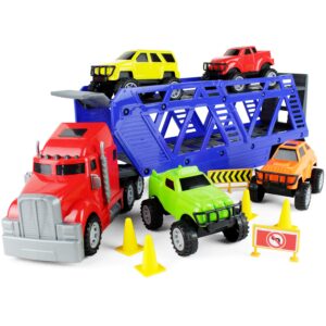 boley 5-in-1 big rig hauler truck carrier toy - complete trailer with construction toys and accessories - great toy for boys, girls who love cars and trucks!