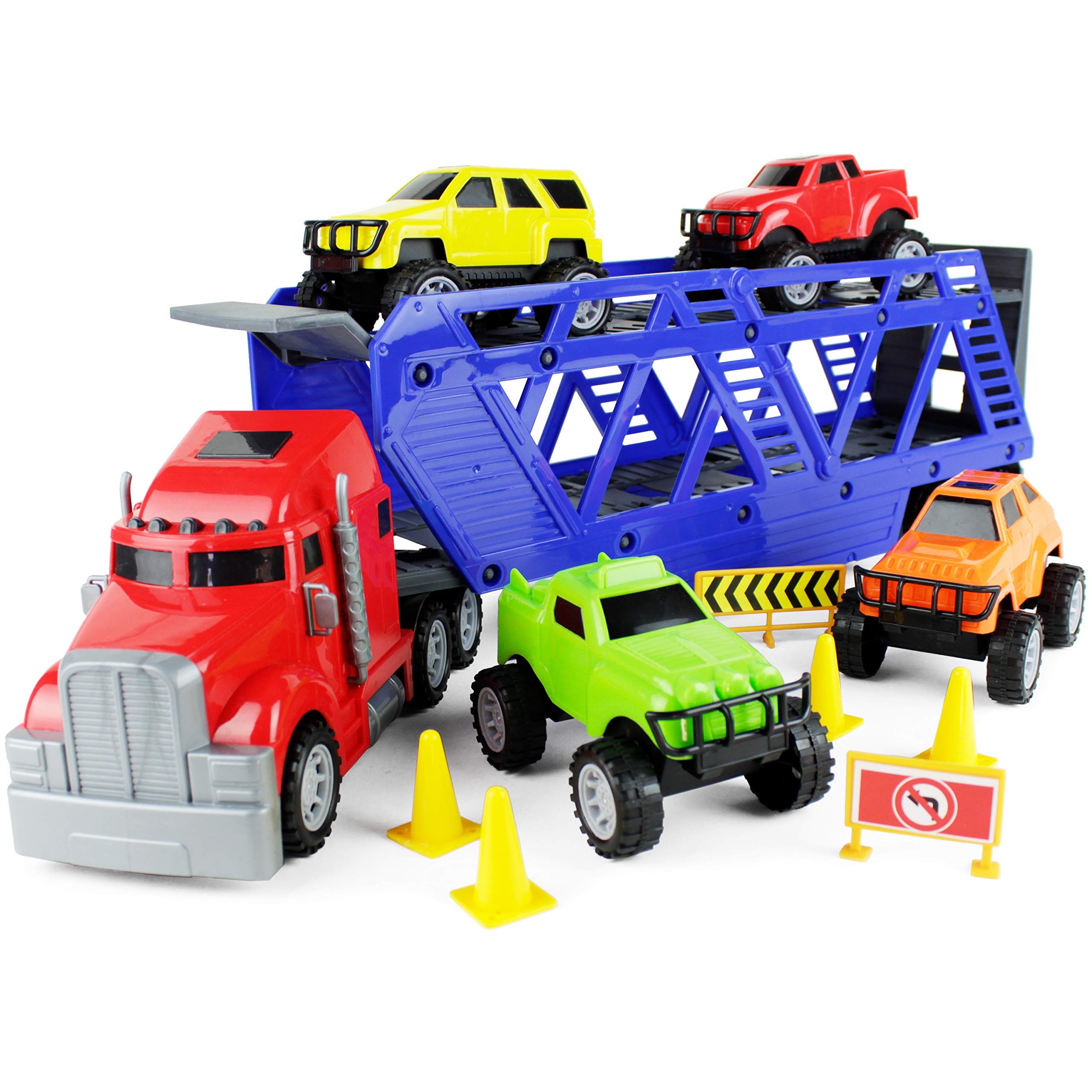 Boley 5-in-1 Big Rig Hauler Truck Carrier Toy - Complete Trailer with Construction Toys and Accessories - Great Toy for Boys, Girls who Love Cars and Trucks!