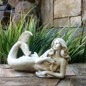 life's a beach 97035 mermaid on her side with table top base antique white finish beach and pool figurine statue