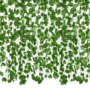 gtidea fake vines, 12 pack 84 feet artificial hanging plants silk green leaf garlands home office garden outdoor wall greenery cover jungle party decoration