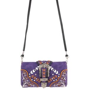 Justin West Floral Embroidery Rhinestone Turquoise Buckle Western Weave Stud Conceal Carry Handbag Purse | Messenger | Trifold Wallet (Purple Purse Wallet Set)