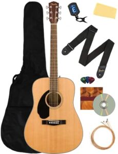 fender cd-60s solid top dreadnought acoustic guitar, left handed - natural bundle with gig bag, tuner, strap, strings, picks, and austin bazaar instructional dvd