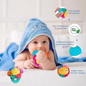 Wristy Buddy Teething Ring for Babies 0-6 8 10 12 Months | Cute Soft Flower Teething Toys & Gloves | Baby Teething Relief Toy Pack | Infant Chew Toys for 3-6 Months, 1 2 3 Years