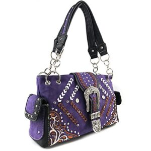 Justin West Floral Embroidery Rhinestone Turquoise Buckle Western Weave Stud Conceal Carry Handbag Purse | Messenger | Trifold Wallet (Purple Purse Wallet Set)