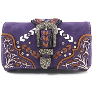 Justin West Floral Embroidery Rhinestone Turquoise Buckle Western Weave Stud Conceal Carry Handbag Purse | Messenger | Trifold Wallet (Purple Purse Wallet Set)