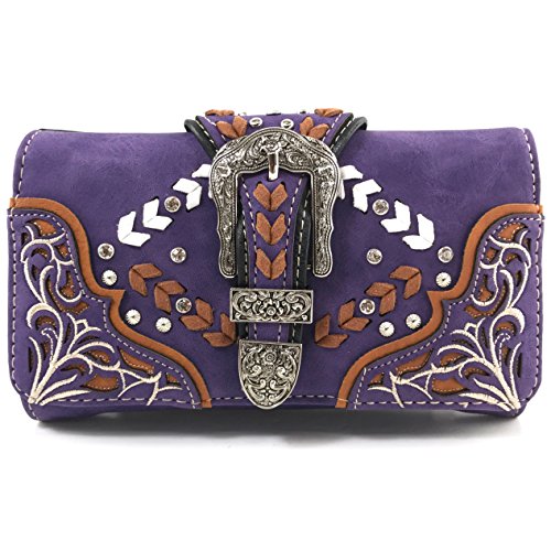 Justin West Floral Embroidery Rhinestone Turquoise Buckle Western Weave Stud Conceal Carry Handbag Purse | Messenger | Trifold Wallet (Purple Purse Wallet Set)