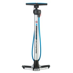 schwinn air center max floor bike pump, pressure gauge, pumps 100 max psi, dual head fits schrader and presta valve types, best for wide tires, silver