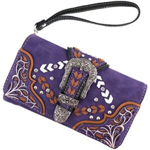 Justin West Floral Embroidery Rhinestone Turquoise Buckle Western Weave Stud Conceal Carry Handbag Purse | Messenger | Trifold Wallet (Purple Purse Wallet Set)