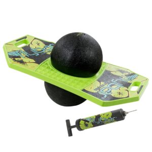 flybar pogo trick ball for kids, trick bounce board for boys and girls ages 6+, up to 160 lbs, includes pump, easy to carry handle, durable plastic deck indoor, outdoor toy pogo jumper (green mean)