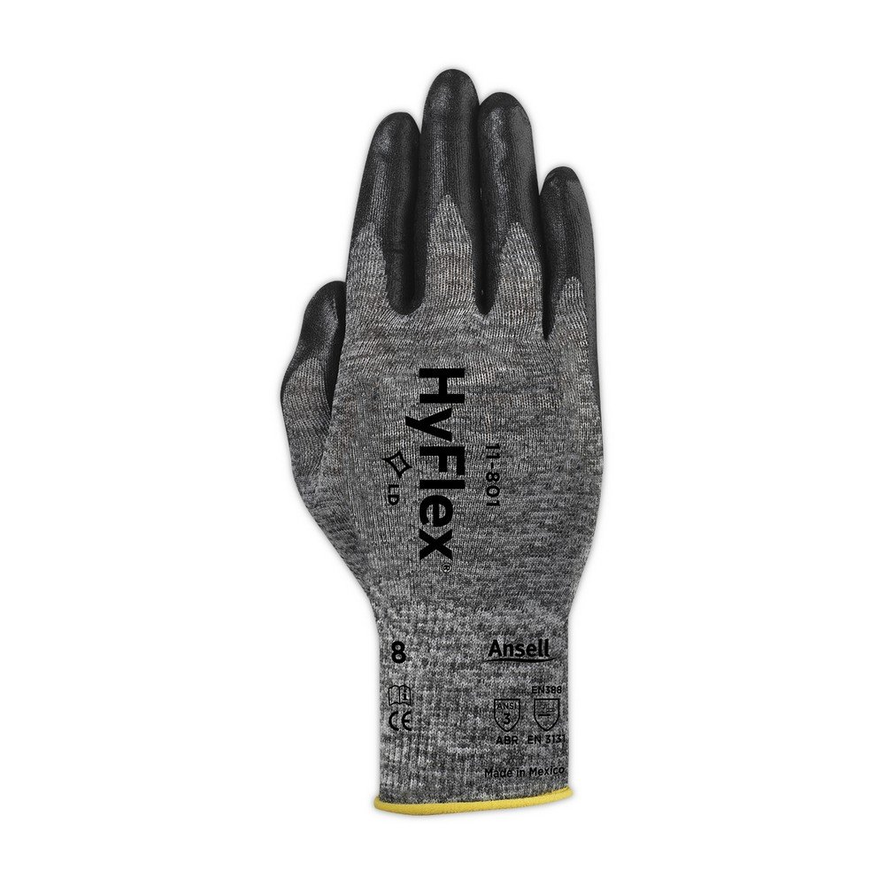 Ansell 118016 HyFlex 11-801 Grey and Black Nitrile Coated Machine Knit Gloves, 8.5" Length, 4.5" Width, 0.38" Height, Size 6, Gray (Pack of 12)