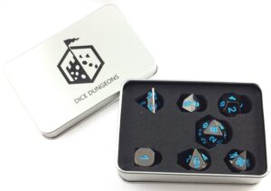 dice dungeons black frost metal 7pc dice set with display case for d&d and other rpgs