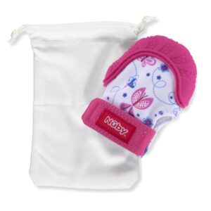 nuby soothing teething mitten with hygienic travel bag, pink.