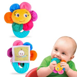 wristy buddy teething ring for babies 0-6 8 10 12 months | cute soft flower teething toys & gloves | baby teething relief toy pack | infant chew toys for 3-6 months, 1 2 3 years