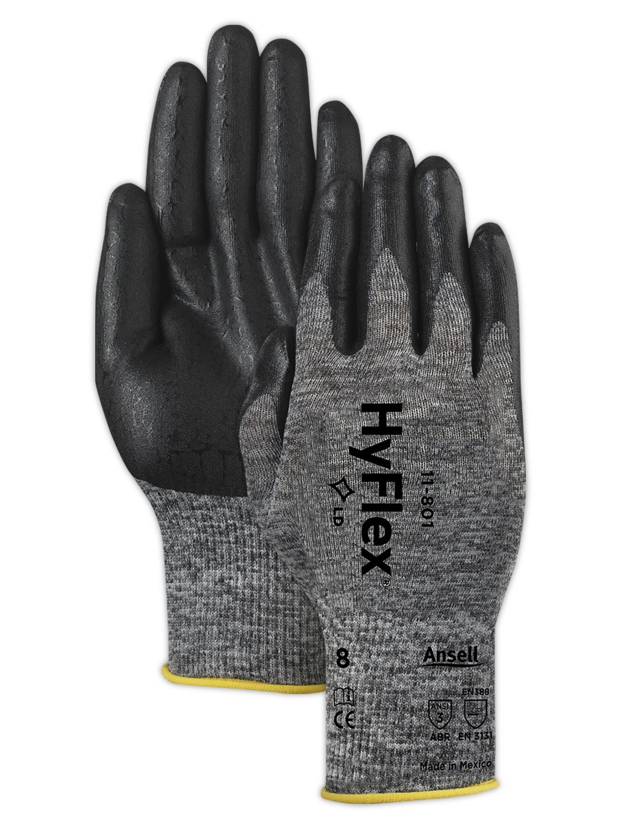 Ansell 118016 HyFlex 11-801 Grey and Black Nitrile Coated Machine Knit Gloves, 8.5" Length, 4.5" Width, 0.38" Height, Size 6, Gray (Pack of 12)