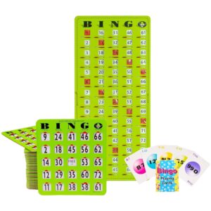 mr chips jam-proof bingo cards with sliding windows, 50 reusable bingo shutter cards, 75 bingo calling cards, 1 bingo master board in tan woodgrain style