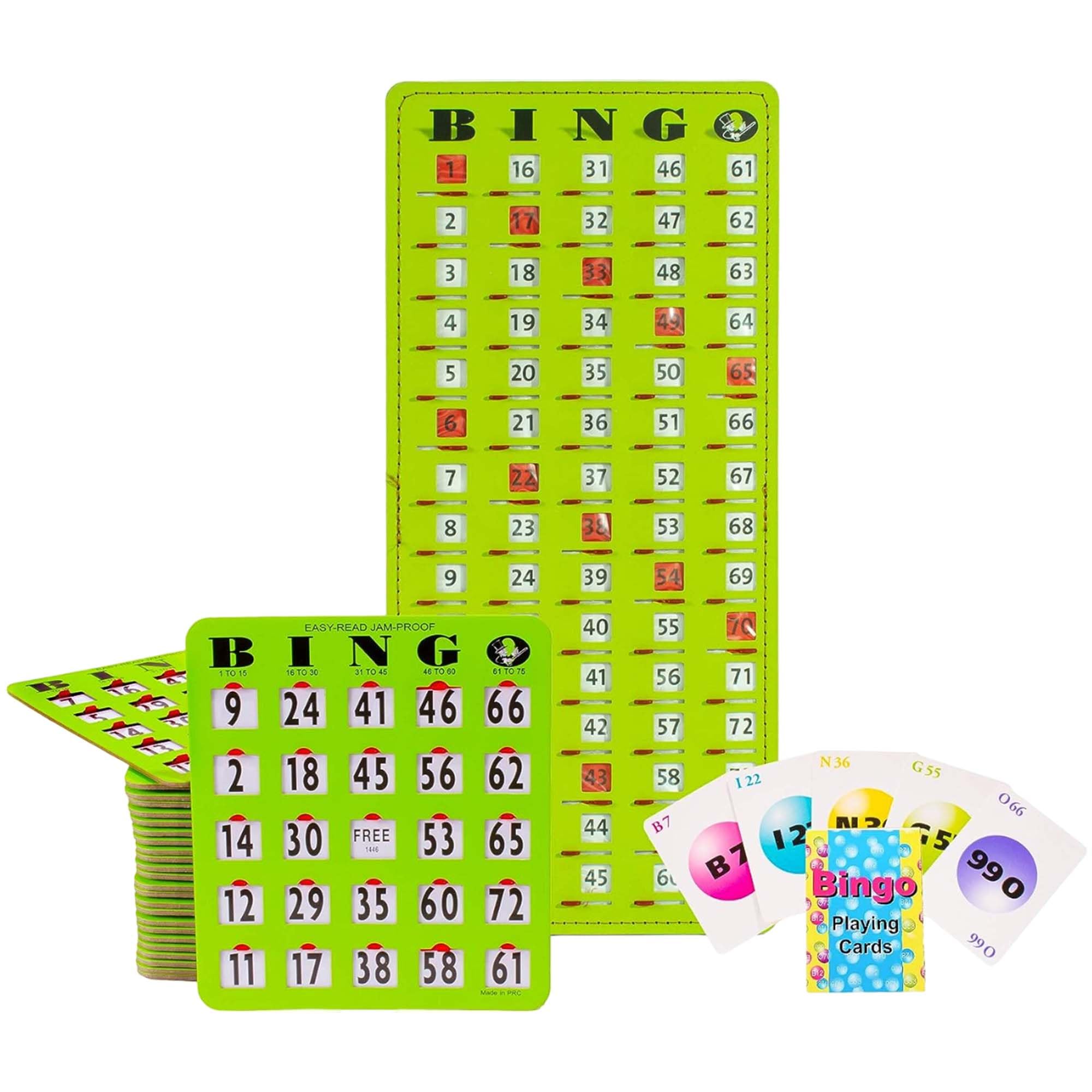 MR CHIPS Jam-Proof Bingo Cards with Sliding Windows, 50 Reusable Bingo Shutter Cards, 75 Bingo Calling Cards, 1 Bingo Master Board in Tan Woodgrain Style