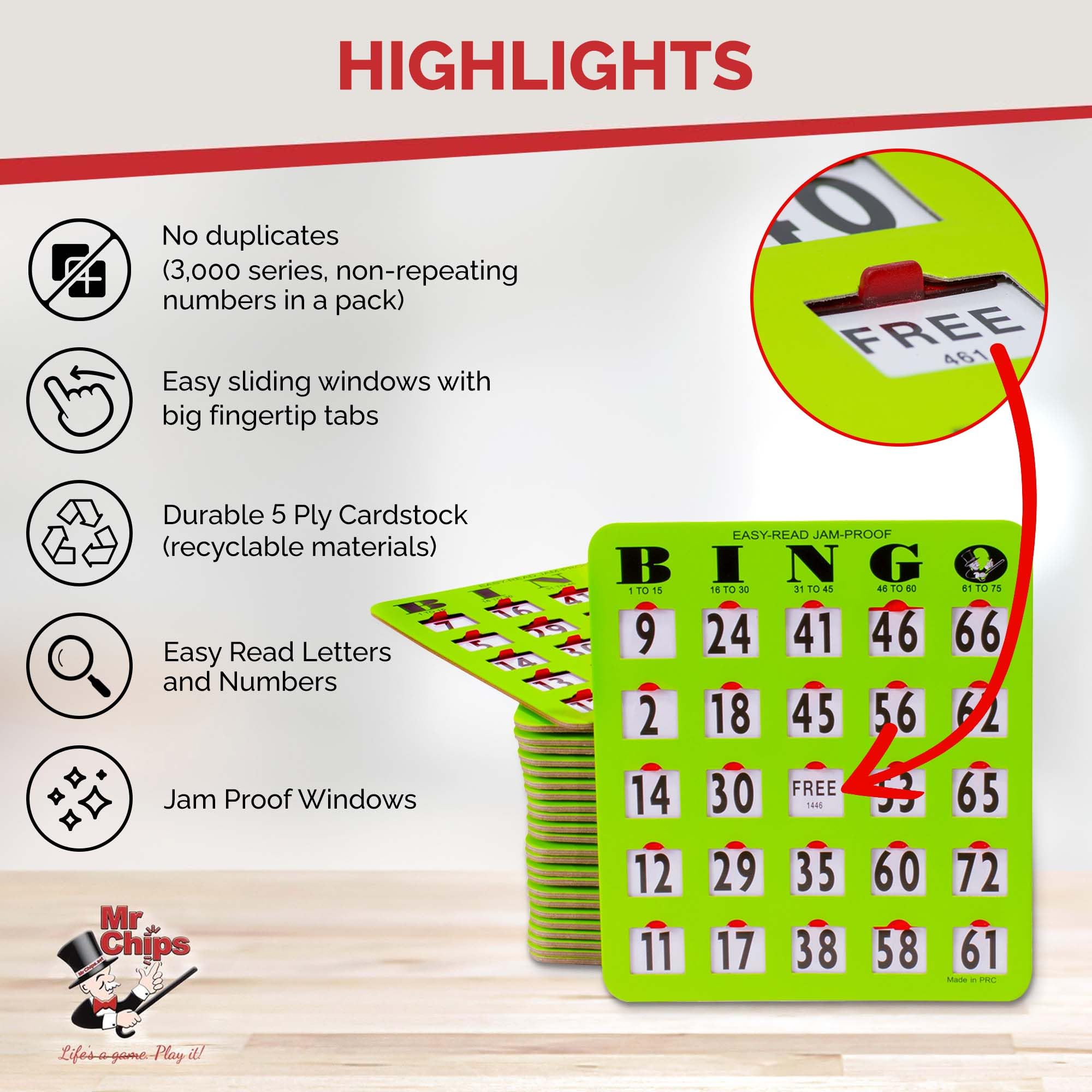 MR CHIPS Jam-Proof Bingo Cards with Sliding Windows, 50 Reusable Bingo Shutter Cards, 75 Bingo Calling Cards, 1 Bingo Master Board in Tan Woodgrain Style