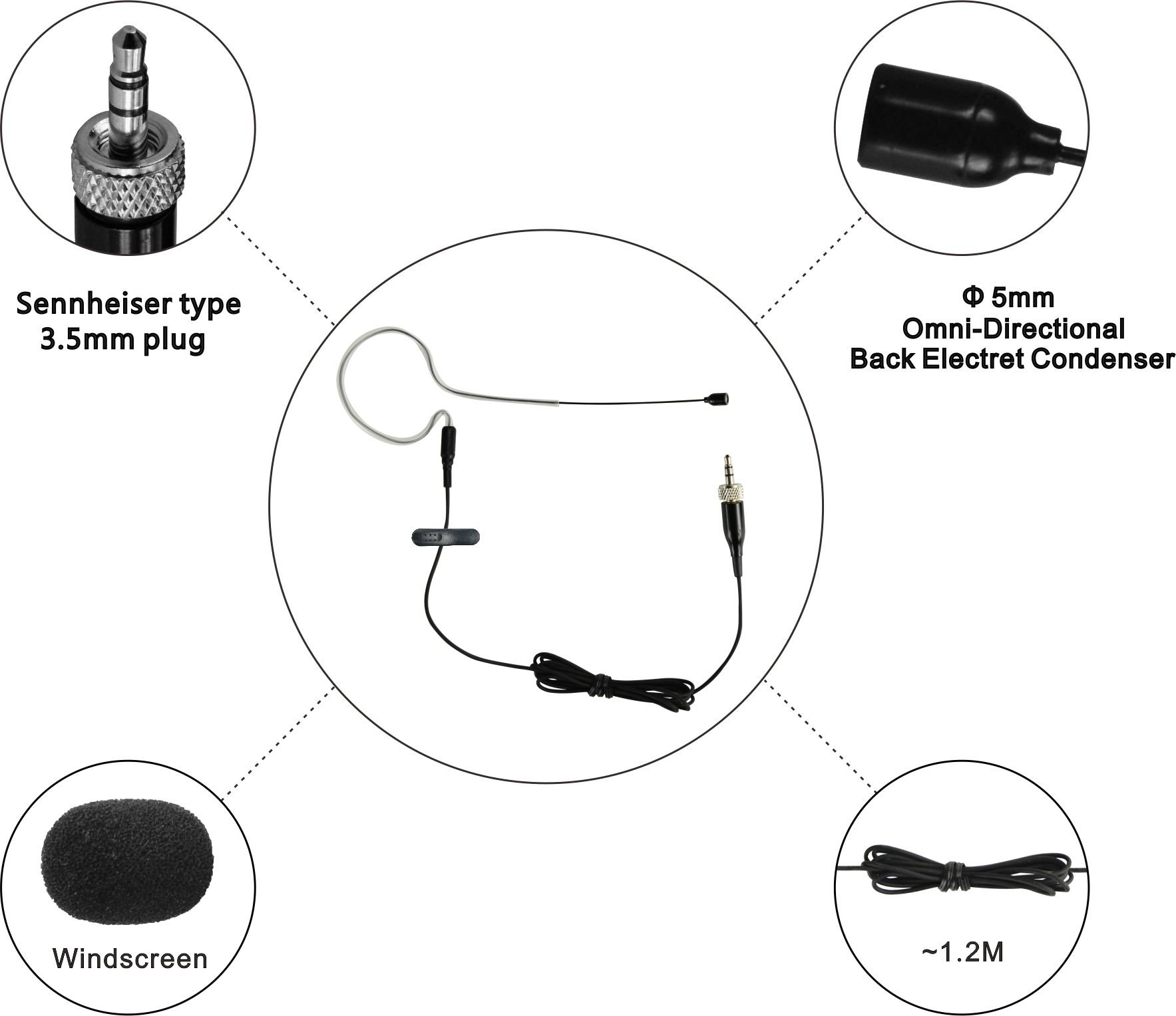 HEIMU Single Earhook Omni-Directional Microphone, Omni-Directional (for Sennheiser Type 3.5mm Plug Black)