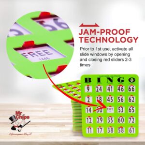 MR CHIPS Jam-Proof Bingo Cards with Sliding Windows, 50 Reusable Bingo Shutter Cards, 75 Bingo Calling Cards, 1 Bingo Master Board in Tan Woodgrain Style