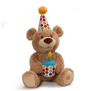 gund happy birthday teddy bear bear animated plush toy, glow-in-the-dark singing stuffed animal, brown, 10”