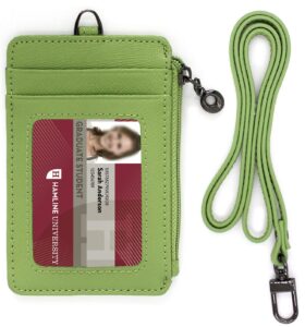 id credit credit card holder wallet necklace landyard zipper badge case genuine leather cute women (green)