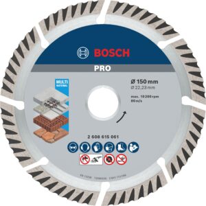 bosch 1x pro multi material diamond cutting disc for bore 22.23 and large angle grinders (for concrete, reinforced concrete, Ø 150 mm, professional accessory large angle grinder)