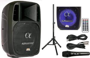 alphasonik 10" powered 1600w pro dj amplified loud speaker bluetooth usb sd card aux mp3 fm radio pa system led ring karaoke mic main monitor, band church, party, guitar amp, home, bbq w/tripod stand