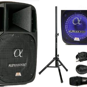 Alphasonik 10" Powered 1600W PRO DJ Amplified Loud Speaker Bluetooth USB SD Card AUX MP3 FM Radio PA System LED Ring Karaoke Mic Main Monitor, Band Church, Party, Guitar Amp, Home, BBQ w/Tripod Stand