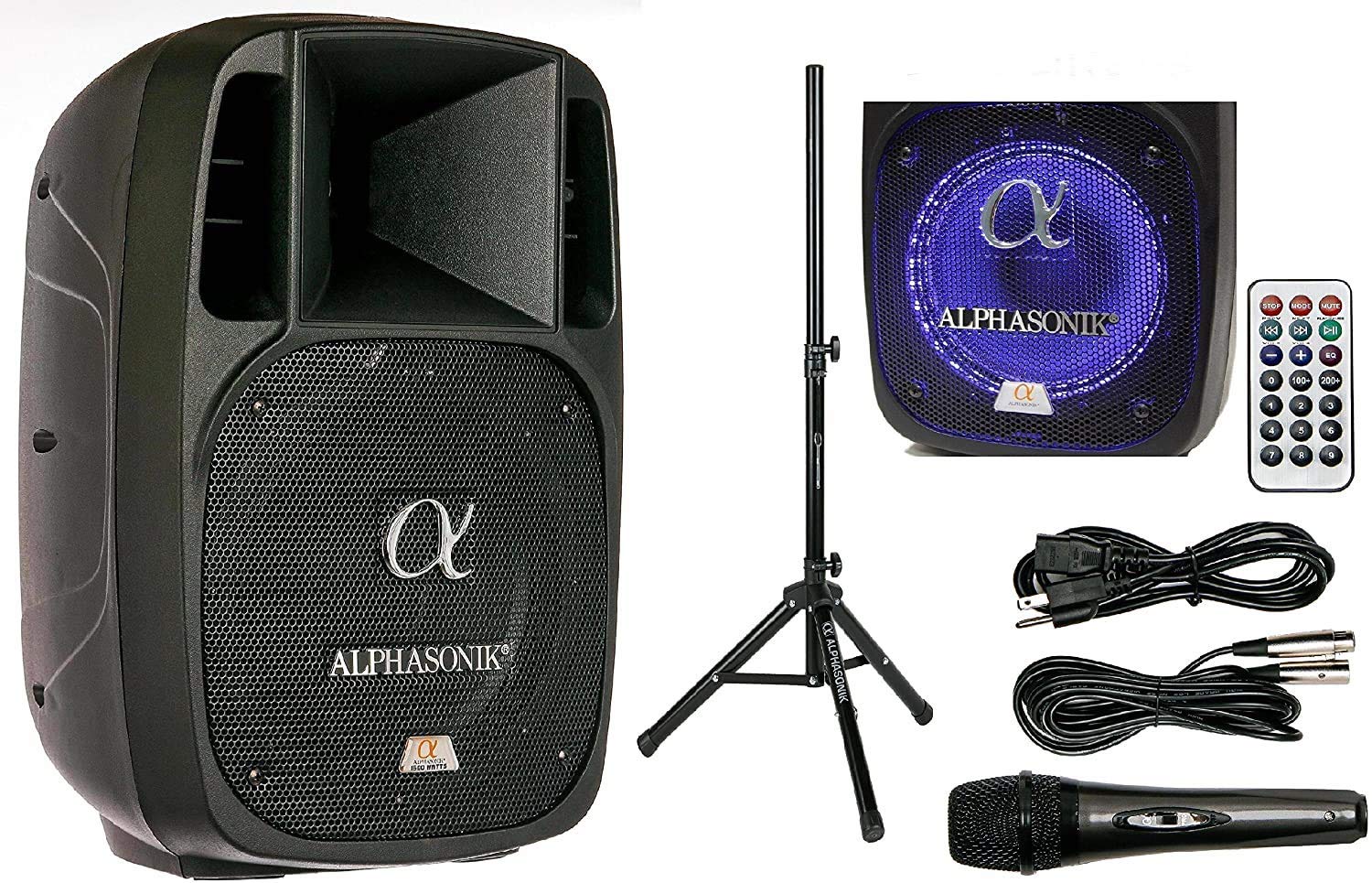 Alphasonik 10" Powered 1600W PRO DJ Amplified Loud Speaker Bluetooth USB SD Card AUX MP3 FM Radio PA System LED Ring Karaoke Mic Main Monitor, Band Church, Party, Guitar Amp, Home, BBQ w/Tripod Stand