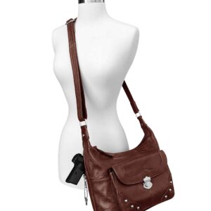 Roma Leathers Concealment Purse - Premium Cowhide Leather - Brown - Studded - Dual Gun Entry - Adjustable Shoulder Strap - Designed in USA - 30 Day Manufacture Guarantee