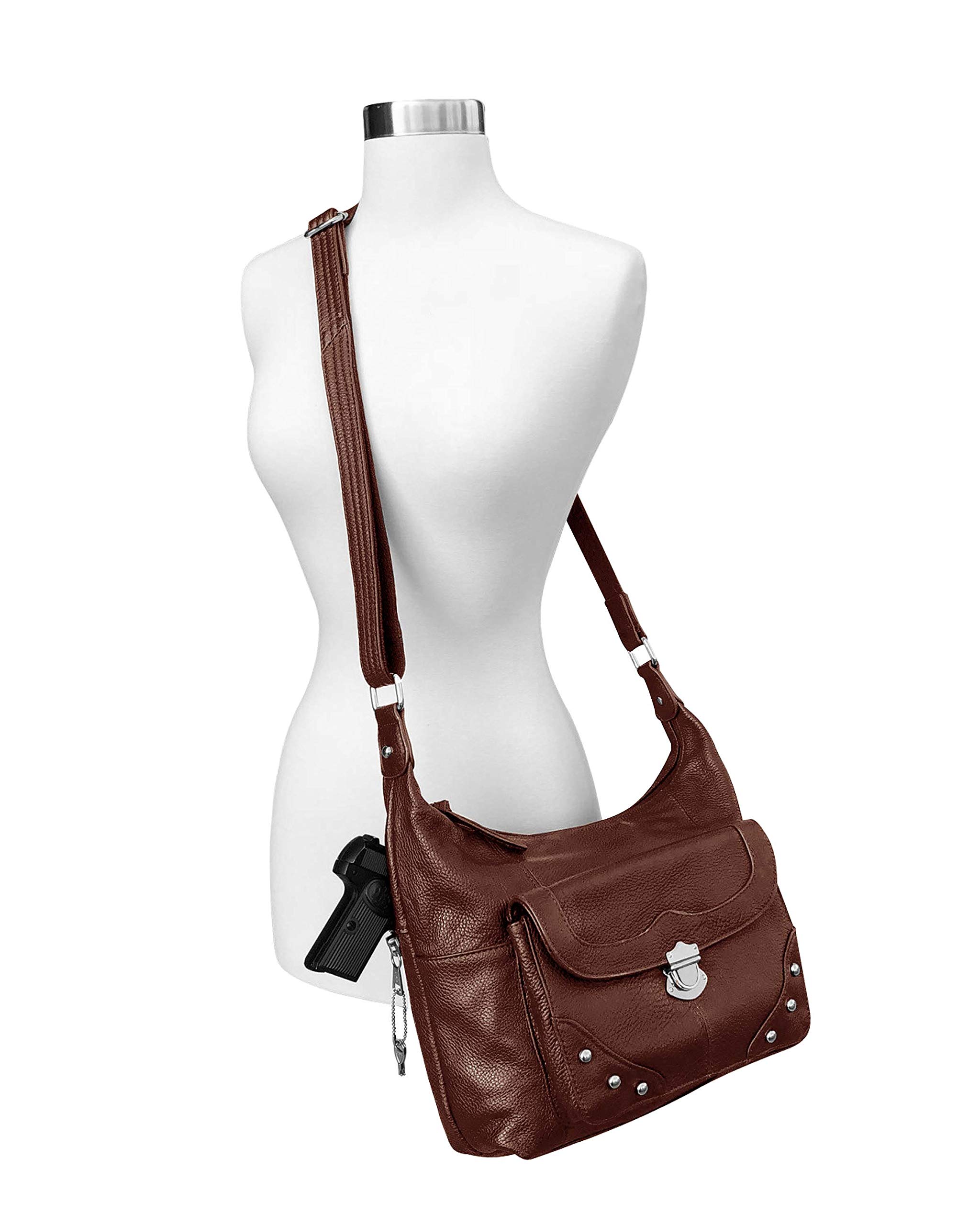 Roma Leathers Concealment Purse - Premium Cowhide Leather - Brown - Studded - Dual Gun Entry - Adjustable Shoulder Strap - Designed in USA - 30 Day Manufacture Guarantee