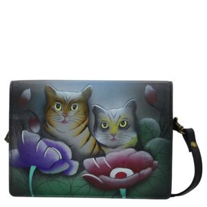 anna by anuschka women’s hand-painted genuine leather two fold wallet on a string - two cats grey